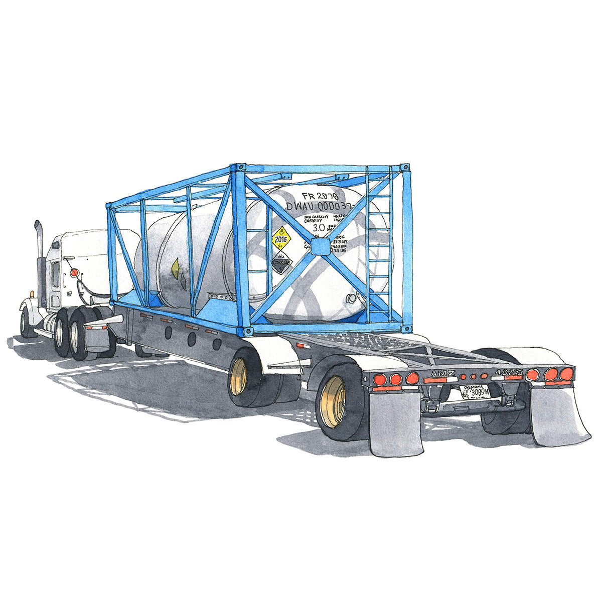 Blue & White 18-Wheeler Truck Watercolor Original Art Framed | J ...