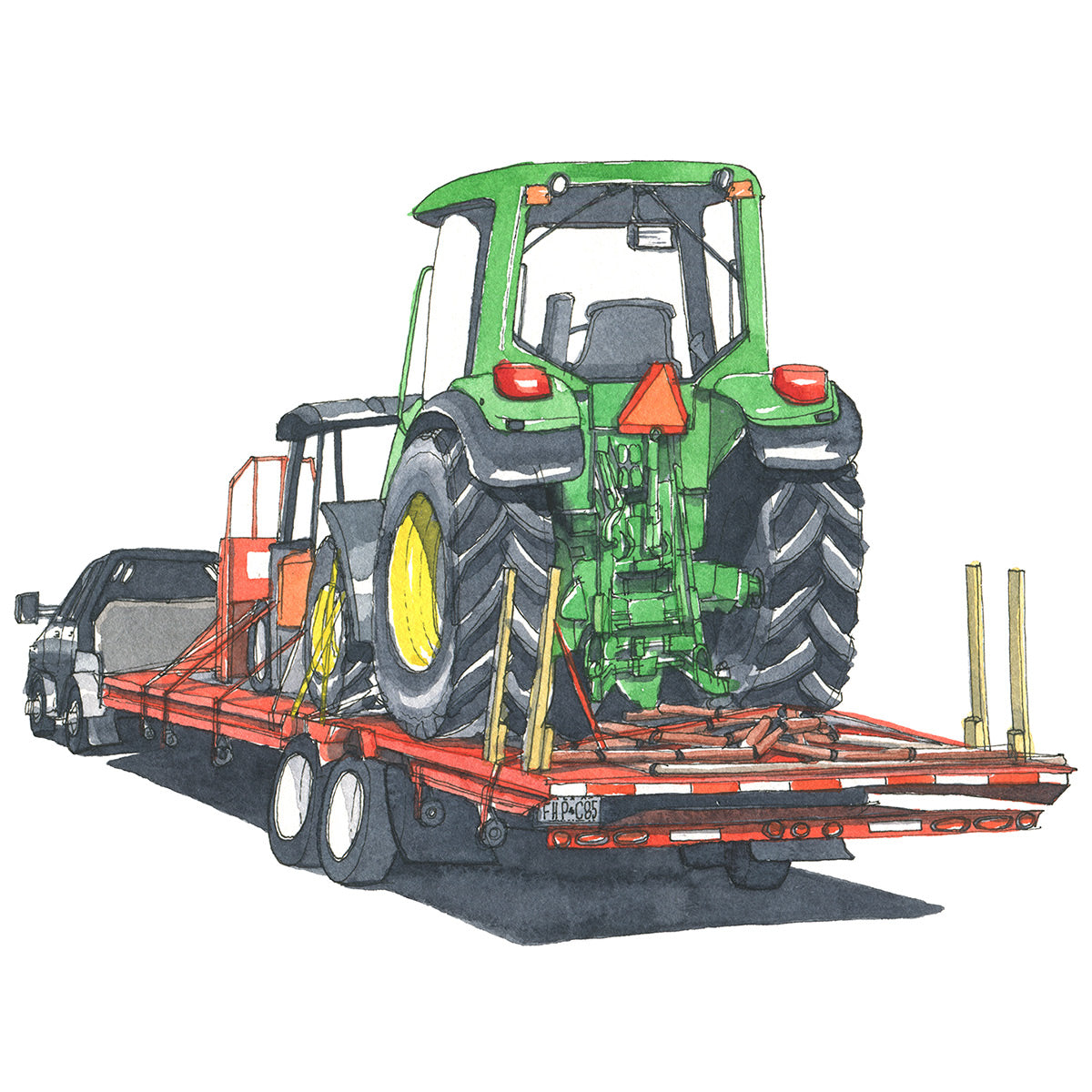 Tractor on Truck Flatbed Watercolor Original Art Framed | J. Fontenot ...